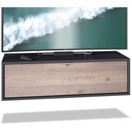 Lowboard tv Board Hängeschrank Lana 100 in Schwarz matt - Hochglanz & Naturdekor - Fronten in Eiche Nordic - Fronten in Eiche Nordic - Vladon