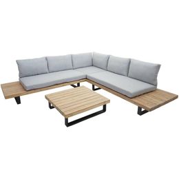 HHG - neuwertig] Garten-Garnitur 641, Garnitur Sitzgruppe Lounge-Set, Spun Poly Akazie Holz mvg Alu hellbraun, Polster hellgrau - grey