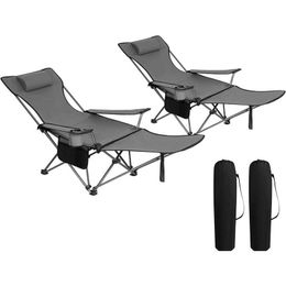 WOLTU 2er Set Campingstuhl klappbarer, Klappstuhl Liegestuhl für Outdoor, Angelstuhl Sonnenstuhl ultraleichter mit Armlehnen und Getränkehalter Grau - grau