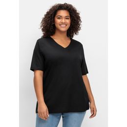 sheego Große Größen: T-Shirt mit doppellagigem Vorderteil, schwarz, Gr.48/50