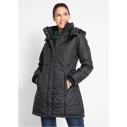 bonprix Long-Steppjacke wattiert mit Kragen und Kapuze, schwarz, Gr.38, Funktionale figurumschmeichelnde Long-Steppjacke mit abnehmbarer Kapuze