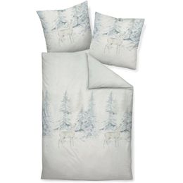 Bettwäsche Winterlandschaft Davos 65053, Janine, Edel-Köper-Flanell, 2 teilig, Winterbettwäsche mit Hirsch, blau