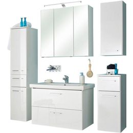 Saphir Badmöbel-Set Quickset 316 5-teilig, inkl. Keramik-Waschtisch und LED-Spiegelschrank, (Set, 5-St), mit Türdämpfern in Weiß Hochglanz, 7 Türen, 3 Schubladen, 1 Klappe, weiß
