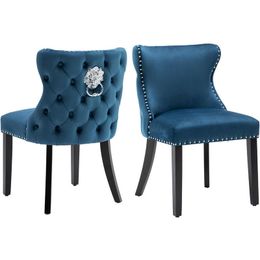 2er Set Esszimmerstühle aus Samt Küchenstuhl mit Holzbeine Polsterstuhl mit Rücklehne für Esszimmer, Blau