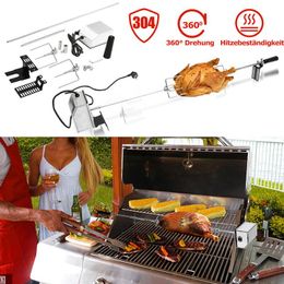 Grillspieß Set Elektrischer Drehspieß für Gasgrill Rotisserie Grill mit 2x Fleischnadeln und Edelstahl Motor 220V-240V inkl. Motorhalterung mit