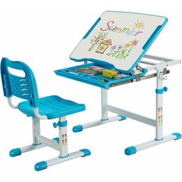 Kinderschreibtisch höhenverstellbar mit Stuhl, mit neigbarer beschreibbare Tischplatte & Schublade,Schülerschreibtisch Blau - Costway