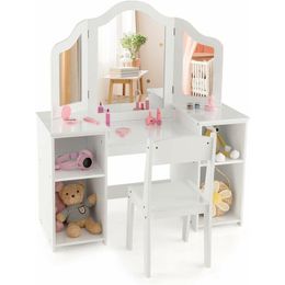 Costway 2 in 1 Kinder Schminktisch-Set, Schreibtisch mit Stuhl & abnehmbarem Spiegel, Frisiertisch Mädchen mit offenen Fächern, Frisierkommode Holz,