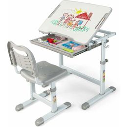Kinderschreibtisch höhenverstellbar mit Stuhl, mit neigbarer beschreibbare Tischplatte & Schublade,Schülerschreibtisch Grau - Costway