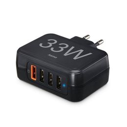 Hama 4-fach USB-Ladestation 33 Watt, 4in1 USB-Ladegerät, Quick Charge 3.0 USB-Ladegerät, schwarz