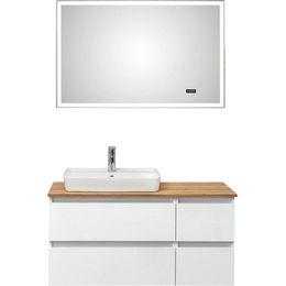 Saphir Badmöbel-Set Quickset 360 2-teilig, mit Keramik-Aufsatzbecken und LED-Spiegel, (Set, 2-St), in Weiß Glanz, Riviera Eiche quer Nachbildung, 4 Schubladen, weiß