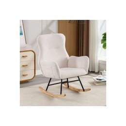 Odikalo Schaukelstuhl Plüsch-Stuhl Einzelsessel Armlehnen mit Taschen massive Holzbeine Weiß