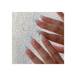 AUKUU Kunstfingernägel Blaue Blaue Mandelnägel mit Perlen-Diamant-Nagelkunst-Patch