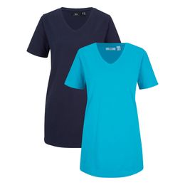 bonprix Basic Long-Shirt mit V-Ausschnitt und Kurzarm, 2er Pack