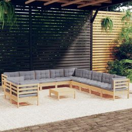 12-tlg. Garten-Lounge-Set,Gartenmöbel-Set mit Grauen Kissen Massivholz Kiefer vidaXL