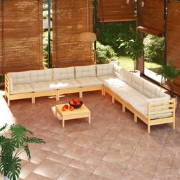 10-tlg. Garten-Lounge-Set,Gartenmöbel-Set mit Creme Kissen Massivholz Kiefer vidaXL