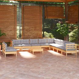 12-tlg. Garten-Lounge-Set,Gartenmöbel-Set mit Grauen Kissen Massivholz Kiefer vidaXL