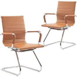 Wahson Office Chairs - 2er Set Besucherstuhl Freischwinger aus PU-Leder Konferenzstuhl Schwingstuhl mit Chromgestell, Braun