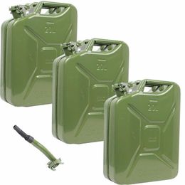 baumarktplus 3x 20l Benzinkanister aus olivgrünem Metall inkl. Ausgießer geeignet für z.B. Benzin oder Diesel