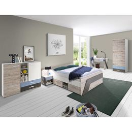 Lomadox Jugendzimmer Komplett-Set mit Bett 140x200 cm mit Kleiderschrank LEEDS-10 in Sandeiche Nb. mit weiß, Lava und Denim Blau - grau