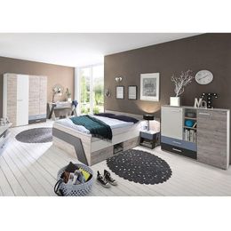 Lomadox - Jugendzimmer Set mit Bett 140x200 cm und Schreibtisch 5-teilig LEEDS-10 in Sandeiche Nb. mit weiß, Lava und Denim Blau - grau