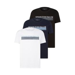 Tom Tailor Denim Herren Dreierpack T-Shirt mit Print, schwarz, Print, Gr. S