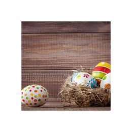 Wallario Memoboard Bunte bemalte Eier an Ostern im Vorgelnest vor hölzerner Wand