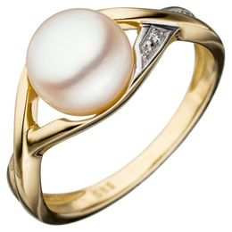 Schmuck Krone Fingerring Ring Damenring mit Perle Süßwasser Zuchtperle weiß 585 Gold Gelbgold bicolor