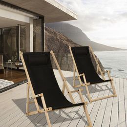 VINGO - Liegestuhl Klappbar Gartenstuhl Holz Sonnenliege Klappstuhl Campingstuhl Strand schwarz Mit Handläufen 2 Stück - schwarz