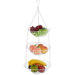 Obstkorb hängend, h x d: 73 x 28 cm, 3 Etagen, Stahl, runder Hängekorb für Obst & Gemüse, Obstschale, weiß - Relaxdays