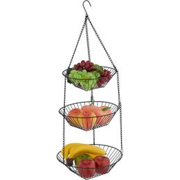 Relaxdays Obstkorb hängend, H x D: 73 x 28 cm, 3 Etagen, Stahl, runder Hängekorb für Obst & Gemüse, Obstschale, schwarz