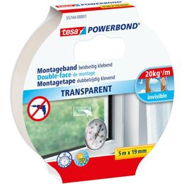 Tesa Powerbond® Montageband Transparent - doppelseitiges Klebeband - durchsichtiges Montage-Klebeband - transparent, 5 m x 19 mm, 1 Rolle
