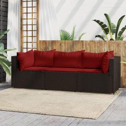 3-tlg. Garten-Lounge-Set，Gartenmöbel-Set mit Kissen Braun Poly Rattan vidaXL