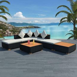 7-tlg. Garten-Lounge-Set，Gartenmöbel-Set mit Auflagen Poly Rattan Schwarz vidaXL