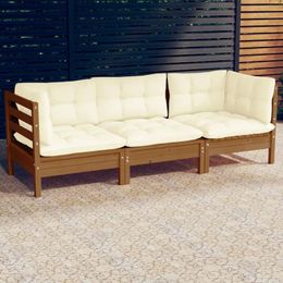 3-Sitzer-Gartensofa mit Creme Kissen Massivholz Kiefer Vidaxl Braun