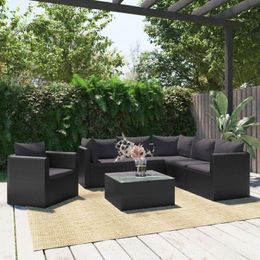 7-tlg. Garten-Lounge-Set,Gartenmöbel-Set mit Auflagen Poly Rattan Schwarz vidaXL