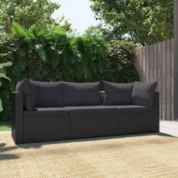 3-tlg. Garten-Sofagarnitur,Gartenmöbel-Set mit Auflagen Poly Rattan Schwarz vidaXL