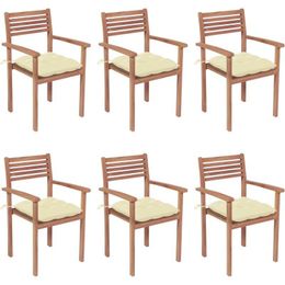 Stapelbare Gartenstühle mit Kissen 6 Stk. Massivholz Teak Vidaxl Weiß