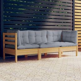 3-Sitzer-Gartensofa mit Grauen Kissen Massivholz Kiefer Vidaxl Grau