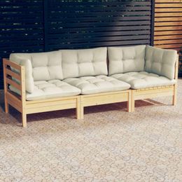 3-Sitzer-Gartensofa mit Creme Kissen Massivholz Kiefer vidaXL357835