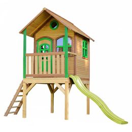 AXI Spielhaus Laura mit hellgrüner Rutsche Stelzenhaus in Braun & Grün aus FSC Holz für Kinder Spielturm mit Wellenrutsche für den Garten - Gelb