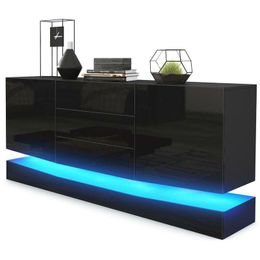 Vladon Sideboard Anrichte Kommode Schrank City in Schwarz - Hochglanz & Naturtöne - Fronten in Schwarz Hochglanz mit LED Beleuchtung - Fronten in