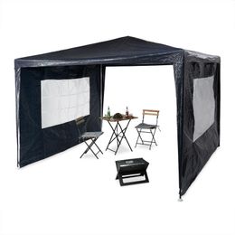 Pavillon 3x3 m, 2 Seitenteile, Metall Gestell, pe Plane, Fenster, Festival Partyzelt, Geschlossen, Blau - Relaxdays