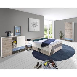 Lomadox Jugendzimmer Set mit Bett 140x200 cm mit Kleiderschrank LEEDS-10 in Sandeiche Nb. mit weiß, Lava und Denim Blau - grau