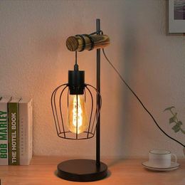 Retro Tischlampe 1 flammige Vintage Nachttischlampe Wohnzimmer Tischleuchte im Industrial Design aus Metall und Holz Schwarz Fassung: E27 inkl.