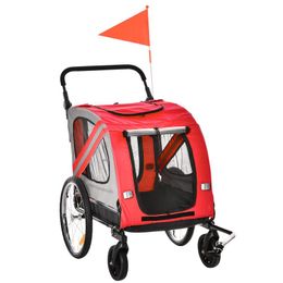 PawHut 2-in-1 Hundewagen und Anhänger mit Luftpumpe und roter Fahne grau (Farbe: rot)