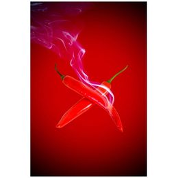 Wallario Acrylglasbild, Rauchende Chili-Schoten im Duo vor rotem Hintergrund