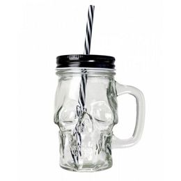 Horror-Shop Dekofigur Totenkopf Glas mit Deckel & Strohhalm für Hallowee