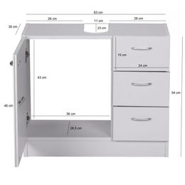 Wohnling Bad Waschbecken Unterschrank 54 x 63 x 30 cm 1 Tür, 3 Schubladen, weiß