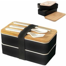 Intirilife Lunch Box Bento Box mit 3 Fächern und Besteck in Schwarz - 18.5. x 10.5 x 9.3 cm - Brotdose für Erwachsene und Kinder für Schule und Arbeit sicher