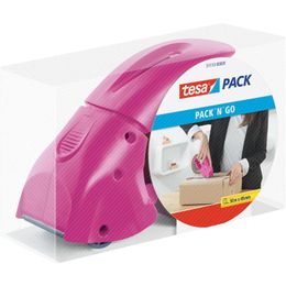 Pack Abroller Pack' n' Go - Ergonomischer, pinker Handabroller für Paketbänder - Inklusive 50 m x 48 mm Klebeband - pink - Tesa